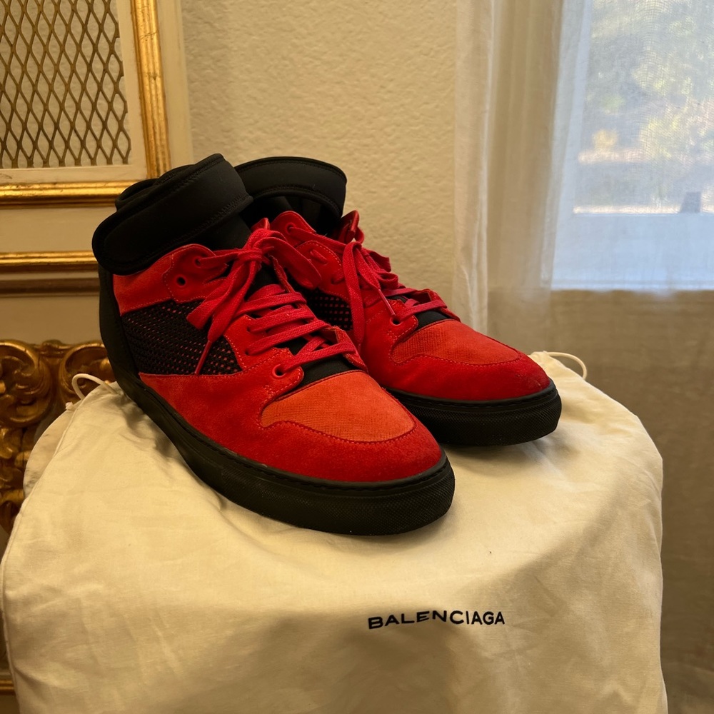 Balenciaga Men High Top Black Red Suede Leather Sneak… - Gem